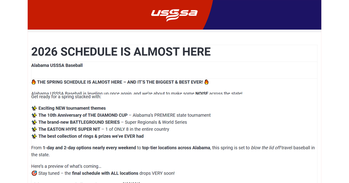 ALABAMA USSSA YOUTH BASEBALL - 2026 SCHEDULE IS ALMOST HERE